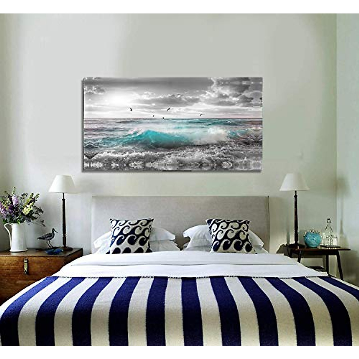 Framed Wall Art Canvas Ocean Decor Beach Theme Bedroom Large Sunset Blue Ocean Waves Seagulls Panels for Interior Bathroom Wall Décor Scenery Bed Dining Room Peel And Stick Decorative 24"x48"