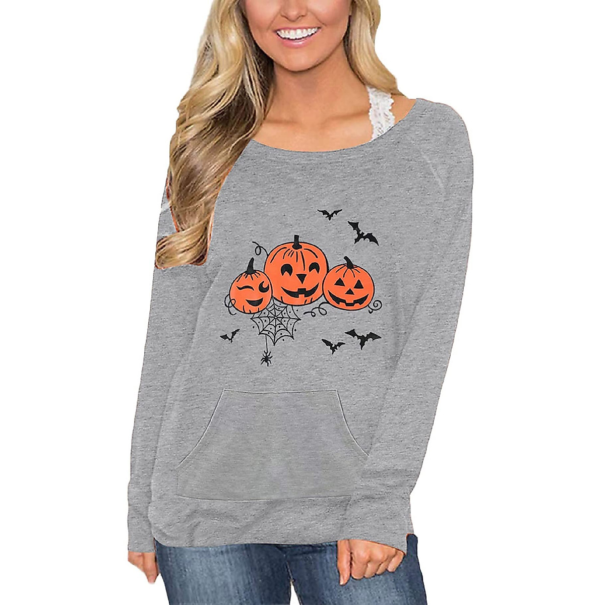 FLOYU Pumpkin Face Sweatshirt Women Halloween Off The Shoulder Tops Fall Pumpkin Pullover Halloween Long Sleeve Clothes Grey