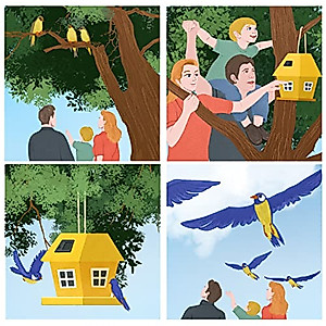 JUYUAN Solar Bird Feeder Yellow House Hanging Outdoor for Cardinal, Metal Rain Proof for Wild Bird, Small Cute Home Design and Lights up Automatically at Night, Decorative Gifts (Yellow)