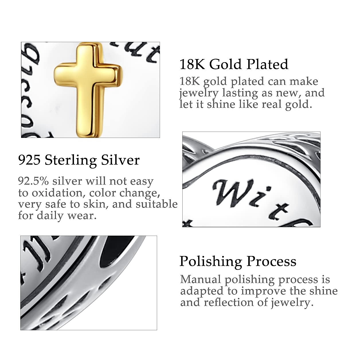 Vito Sterling Silver Charms for Pandora Bracelets, With God All Things Are Possible Cross European Beads Christian Gifts for Women