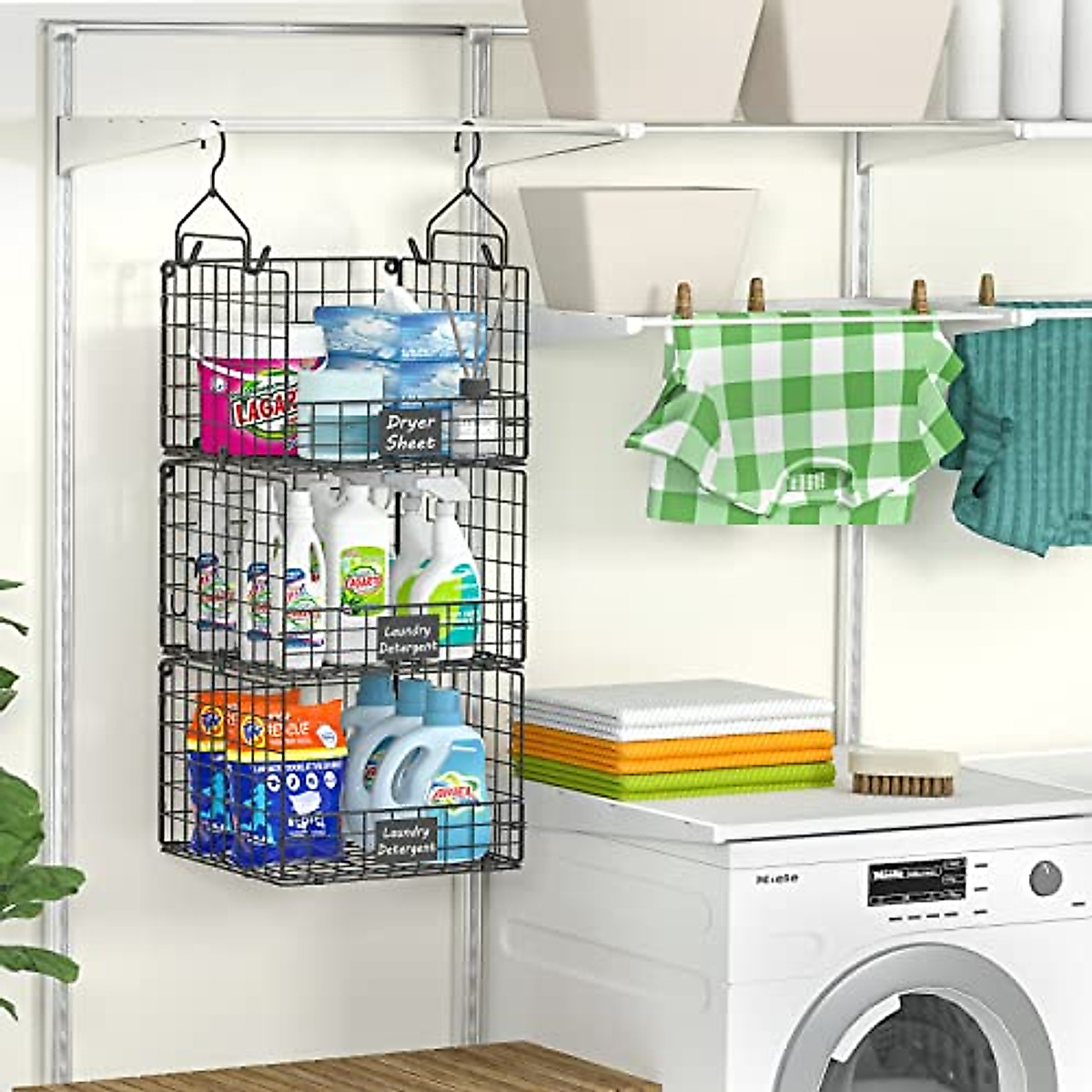 3 Tier Hanging Laundry Room Organizer Stackable Foldable Wall-Mounted Metal Wire Shelf Basket with Rotating Hook Nameplate for Dryer Sheet Laundry Detergent in Laundry Room Organizaton Storage
