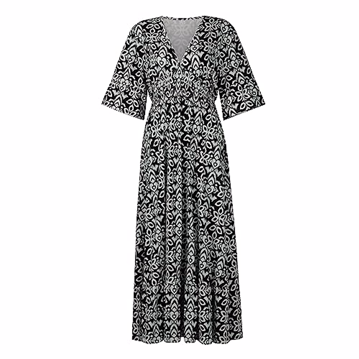 WSHEMV Ladies Fall Dresses, Women's Floral Dress 2023 Casual Printed V-Neck Dress with Tunic Waist Ruffle Sleeves 3/4 A Line Bohemian Maxi Dresses Floral Dresses Long Sleeve Winter (M, Black)