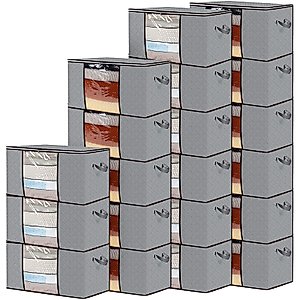 Windyun 20 Pcs 90L Large Storage Containers with Zipper Closet Storage Bags with Handle Thick Fabric Foldable Storage Bins Clear Window Clothes Organizer for Blanket Bed Sheets Pillows Toys (Gray)