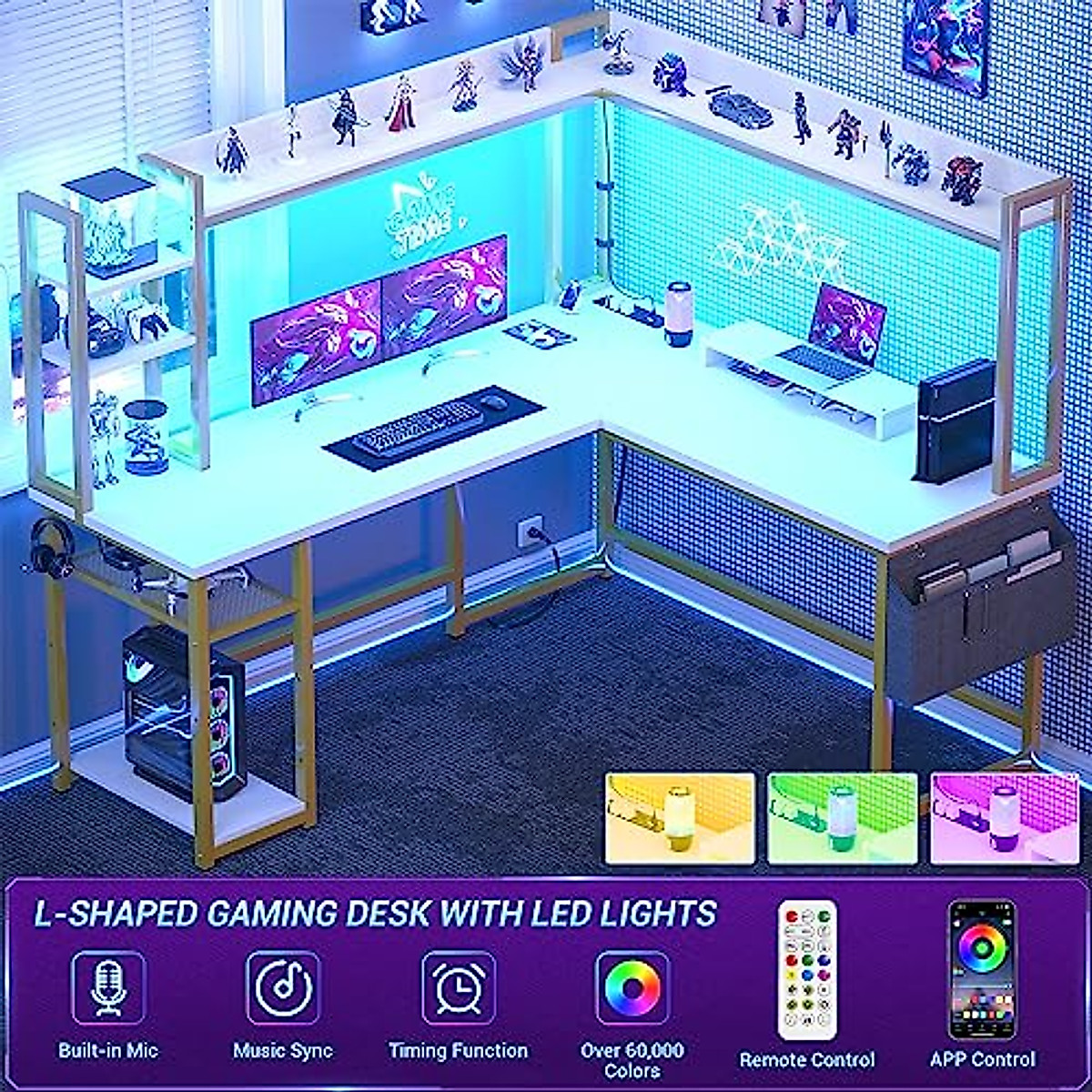 Aheaplus L Shaped Desk with Power Outlet, L Shaped Gaming Desk with Led Light & Hutch, Reversible Home Office Desk, Corner Computer Desk Writing Desk with Monitor Stand & Storage Shelf, White+Gold