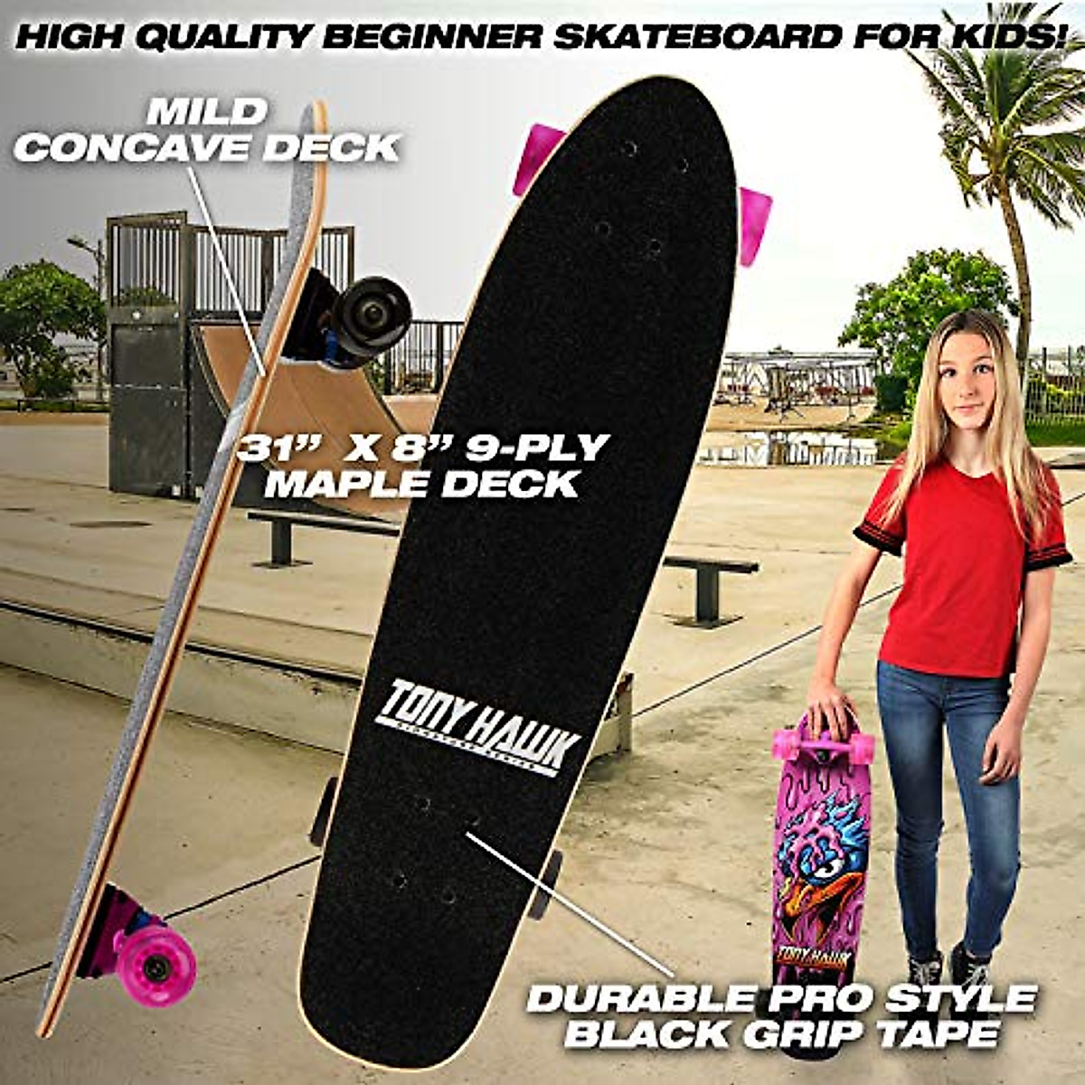 Tony Hawk 31" Complete Cruiser Skateboard, 9-ply Maple Deck Skateboard for Cruising, Carving, Tricks and Downhill, Pink Hawk