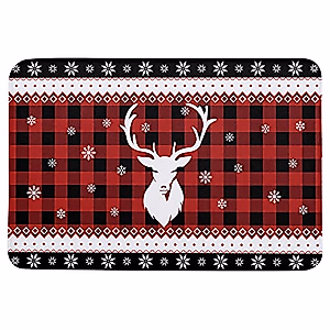 Christmas Bath Rugs Elk Deer Reindeer Snowflake Sponge Doormat Absorbent Non Slip Durable Soft Flannel Mat Red Buffalo Plaid Check Christmas Memory Foam Mats for Bathroom Kitchen 20 x 32 inches