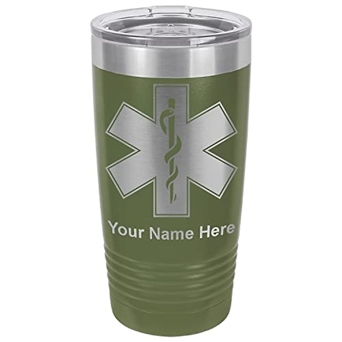 LaserGram 20oz Vacuum Insulated Tumbler Mug, Star of Life, Personalized Engraving Included (Camo Green)