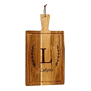 Creative Gifts International Acacia Wood Carving Board, Charcuterie Board With Handle And Lanyard, Beveled Edge, 17" x 9.75", Cutting Board Wedding Gift, Custom Monogram