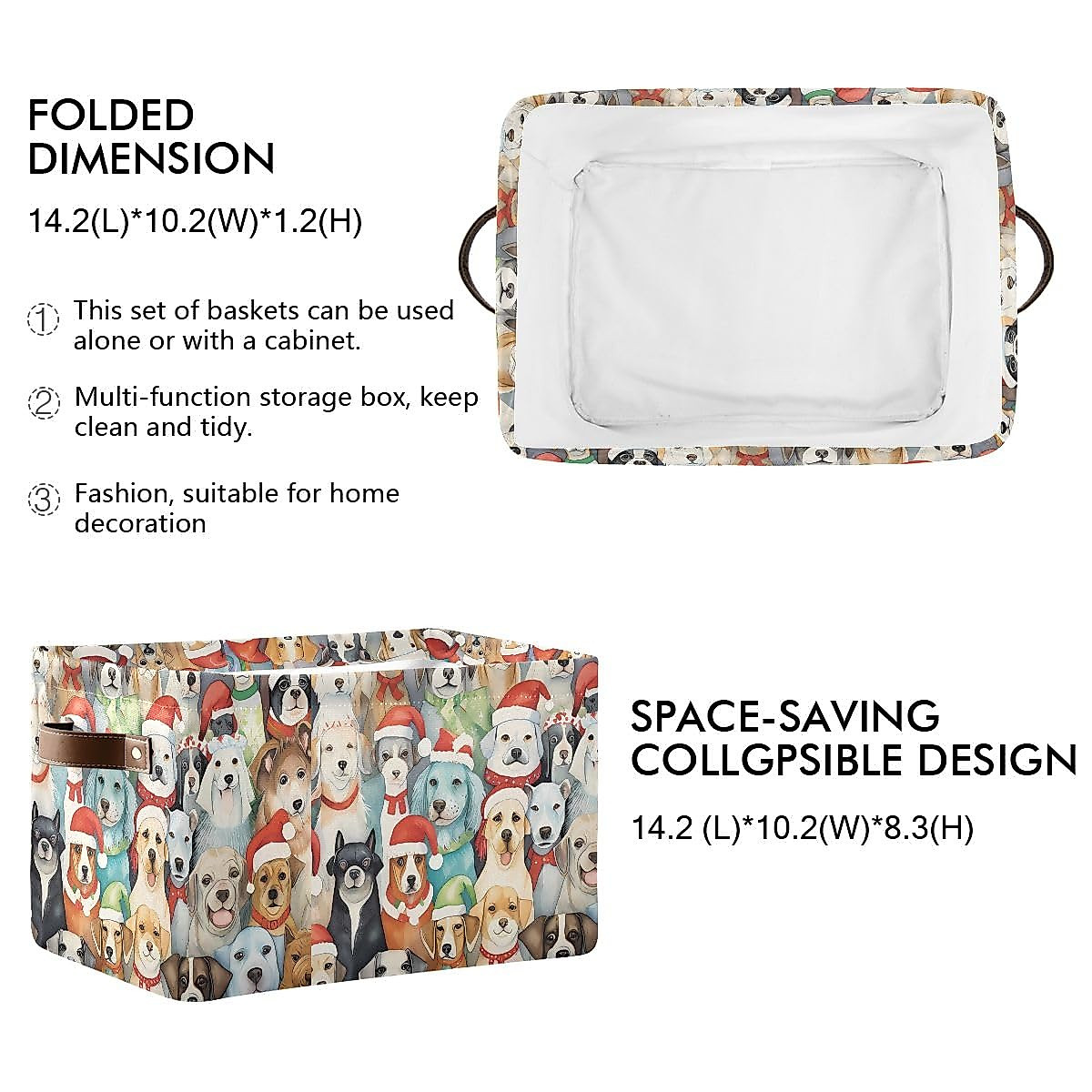 Storage Basket Christmas Dog Large Collapsible Storage Baskets Bins with Handles Cube Laundry Organizer for Nursery Home Office Pantry