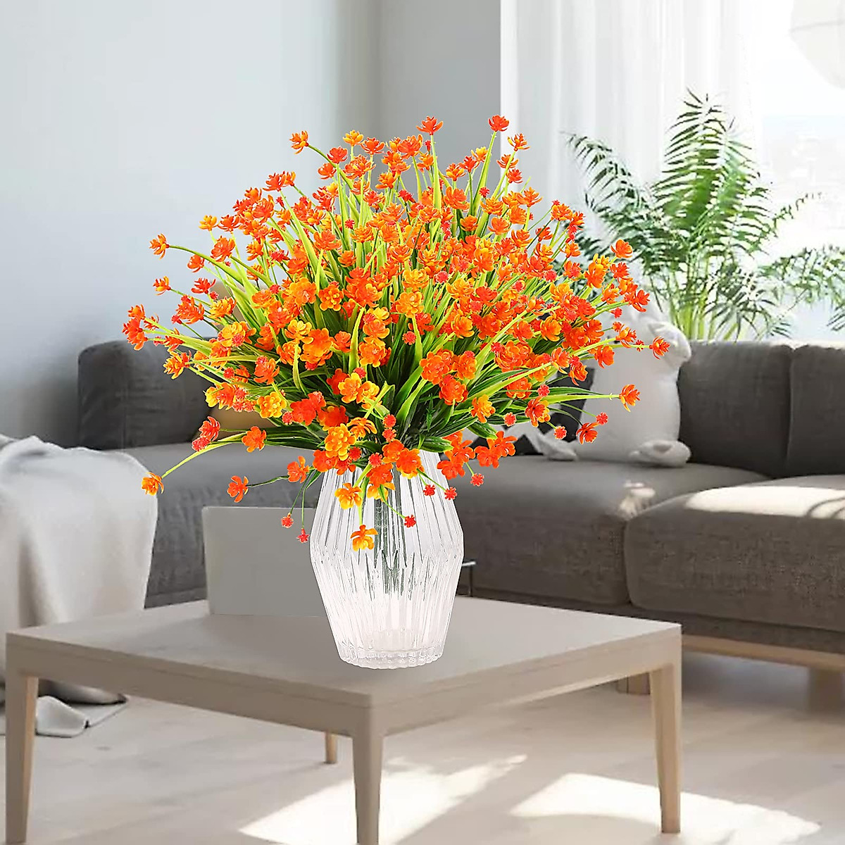 BINDUO 6 Pcs Fake Fall Flowers Artificial Plants Outdoor Daffodil UV Resistant Faux Plastic Flowers Greenery Shrubs Hanging Planter for Home Kitchen Bathroom Garden Patio Balcony Window Decor (Orange)