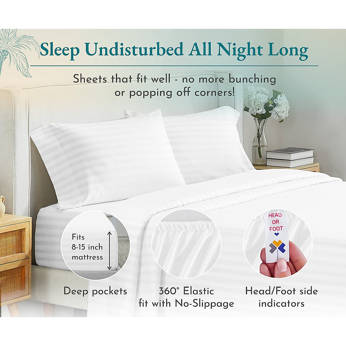 Luxury Split King Sheets Set For Adjustable Bed, 100% Cotton 500 Thread Count, Snug Fit, 5Pc Set With 2 Twin-Xl Fitted Sheets, Hotel Quality Damask Stripe Bedsheets (Split King, Stripe - Pure White)