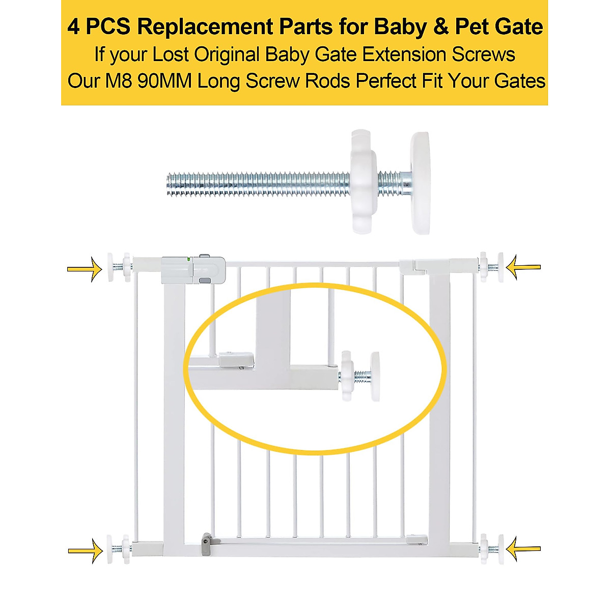 4 Pack Baby Gate Threaded Spindle Rod 8MM(M8), Replacement Screw Bolts Hardware Parts Kit for Pet & Dog Pressure Mounted Safety Door & Stair Gates (a White)