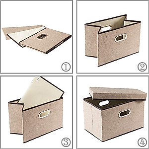 PRANDOM Collapsible Storage Cubes with Lids [3-Pack] Jute Fabric Foldable Storage Boxes Organizer Containers Baskets Bins with Cover for Home Bedroom Closet Office Nursery (14.9x9.8x9.8)