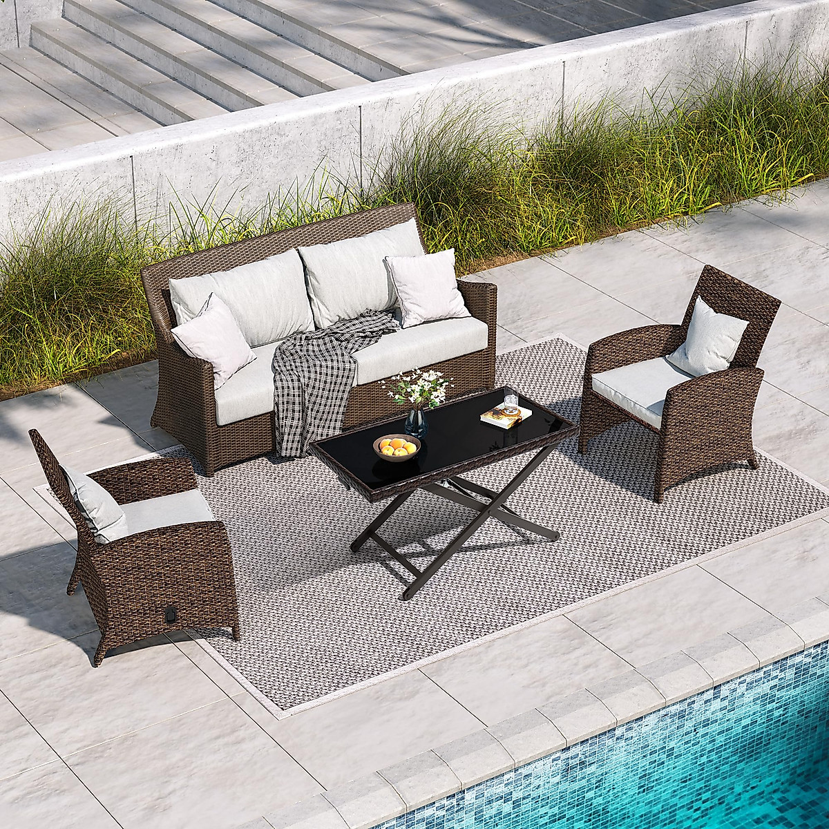 JOINHOM Patio Coffee Table Height Adjustable - Outdoor Coffee Side Table with Waterproof, Rust-Proof, Patio Tables Rectangle Coffee Tables Fit with Patio Conversation Set, Dark Brown