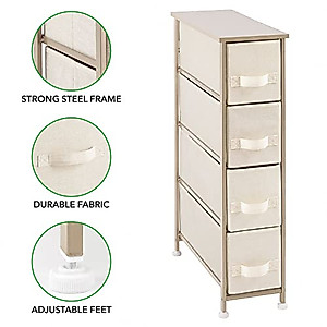 mDesign Narrow Dresser Storage Tower Stand with 4 Removable Fabric Drawers - Steel Frame, Wood Top Organizer for Bedroom, Entryway, Closet - Lido Collection - Cream/Gold