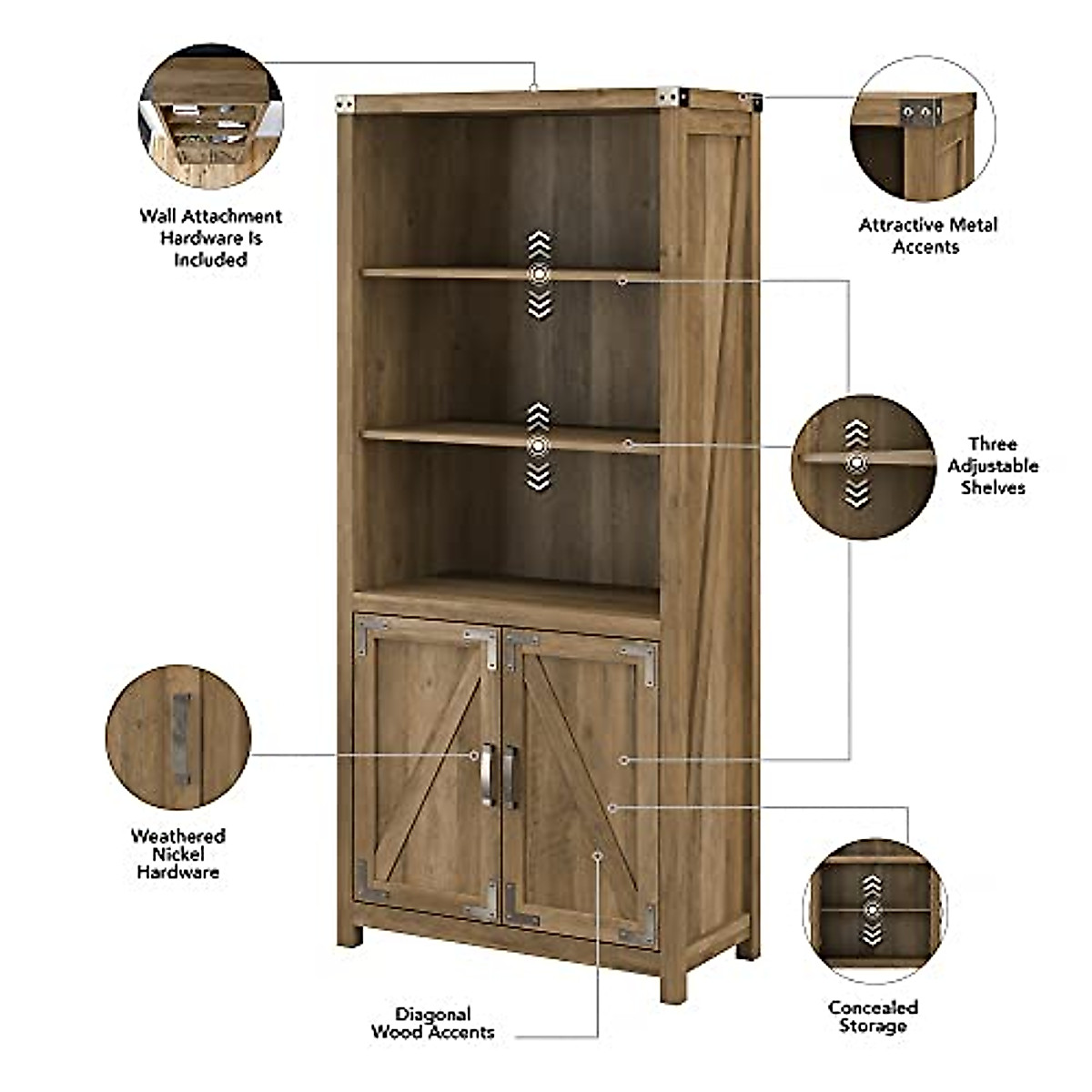 Bush Furniture Kathy Ireland Home Cottage Grove Tall 5 Shelf Bookcase with Doors in Reclaimed Pine