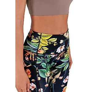 ODODOS Women's Knee Length High Waisted Yoga Capris with Pockets, Pattern Workout Athletic Running Capri Leggings, Tropical Flower, Medium