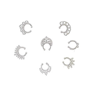 Honbay 7pcs Mix Style Silver Fake Septum Clicker Nose Ring Non Piercing Hanger Clip Body Jewelry