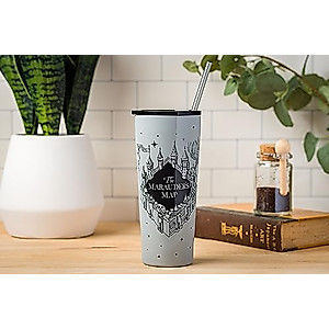 Silver Buffalo Harry Potter Marauder's Map Solemnly Swear Mischief Managed Double Walled Stainless Steel Tumbler With Straw, 22 Ounces