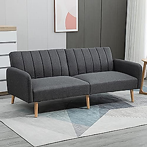 HOMCOM Two Seater Sofa Bed, Convertible Futon Couch Bed, Linen Upholstered Loveseat with Adjustable Backrest for Small Spaces, Living Room, Apartment, and Dorm, Dark Grey