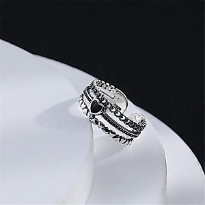 Black CZ Heart Ring for Mom Women Sterling Silver Statement Expandable Open Bands Infinity Love Rings Vintage Jewelry Dainty Anniversary Christmas Valentines Gift