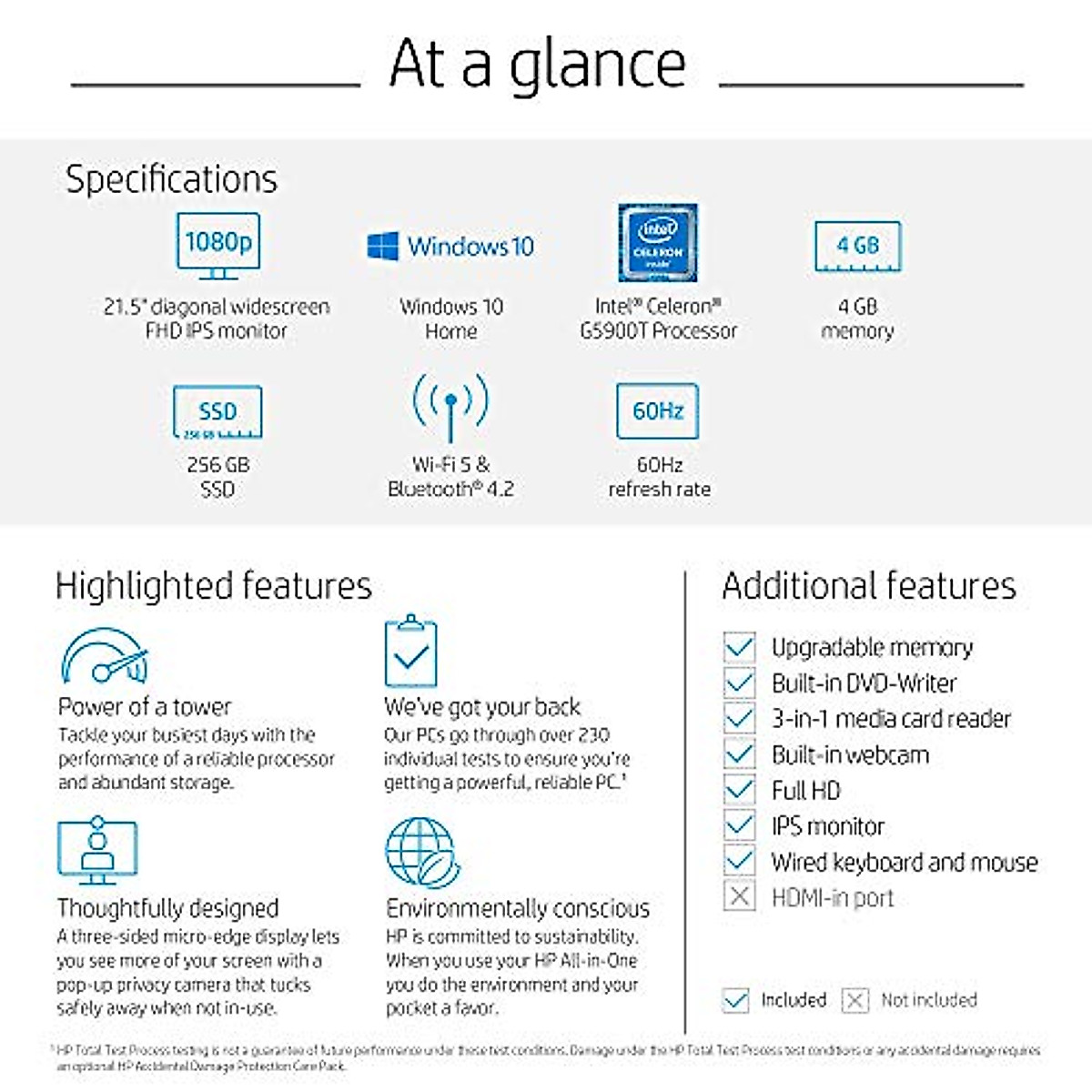 HP All-in-One Desktop Computer 21.5 FHD Screen/ Intel Celeron G5900T/ 4GB DDR4 RAM/ 256GB SSD/DVD-Writer/AC WiFi/HDMI/Bluetooth/Blue/Windows 10 Home (Renewed)