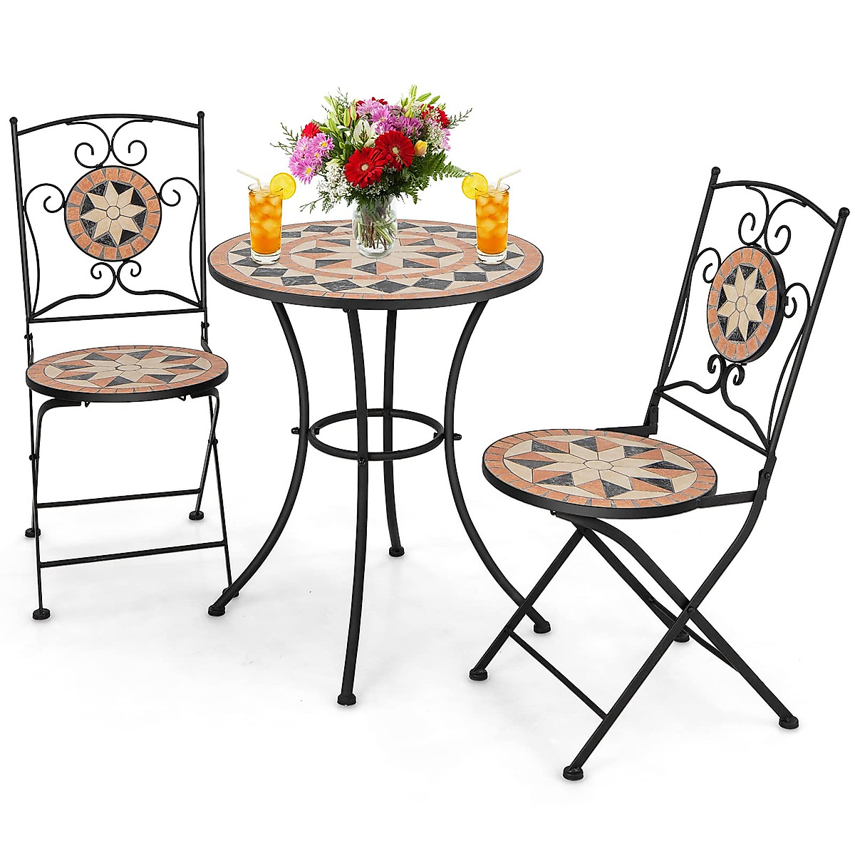 Tangkula 3 Pieces Patio Bistro Set, Outdoor Garden Furniture Set with Round Mosaic Coffee Table & 2 Folding Chairs, Portable Bistro Table & Chair Set for Balcony, Backyard, Poolside, Porch, Balcony