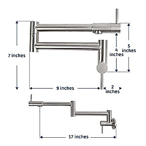 Allkorma Pot Filler Faucet Brushed Nickel, Wall Mount Kitchen Stainless Steel Faucets, 19.7" Folding Stretchable Faucet, 2 Joint Swing Arm with 2 Handles