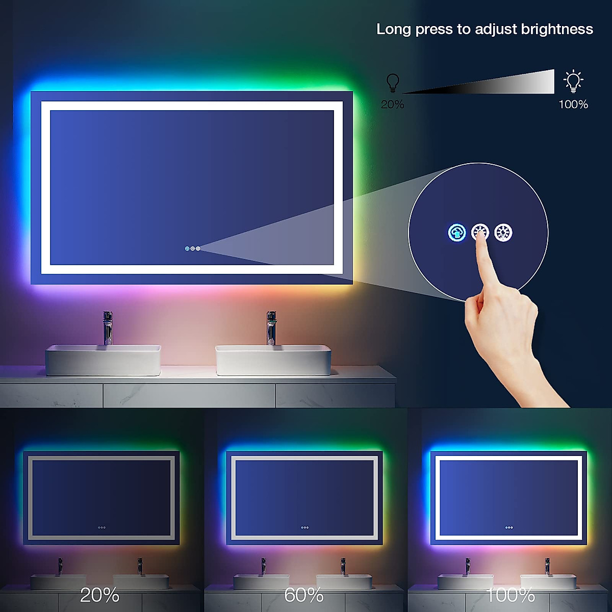 LOAAO 60X28 RGB LED Bathroom Mirror with Lights, Large, Anti-Fog, Dimmable Lighted Bathroom Vanity Mirror, Colorful Multiple Light Modes, RGB Backlit + Front Light, Memory Function