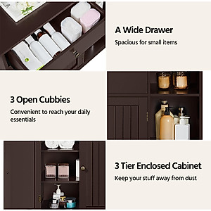 Yaheetech Bathroom Floor Cabinet, Kitchen Freestanding Storage Organizer, Large Side Cabinet with Doors, Drawer & Adjustable Shelves for Living Room, Entryway, 12" D x 29.5" W x 31.5" H, Espresso