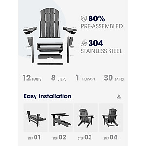 KINGYES Folding Adjustable Adirondack Chair with Retractable Ottoman Set of 2, HDPE All Weather Chair with Cup Holder, Wood-Like Reclining Adirondack Chair - Versatile Adirondack Chair, Grey