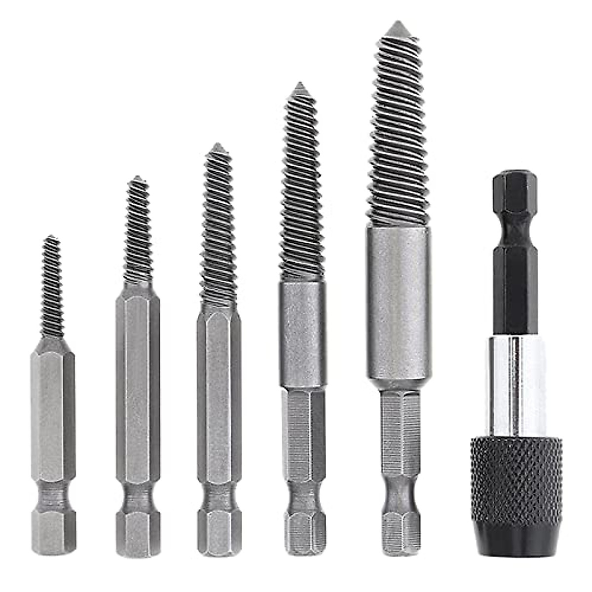 YUENTOEN Stripped Screw Extractor - 5pcs HSS Easy Out Broken Bolt Extractor Kit with Extension Screw Holder, Damaged Bolt Water Pipe Remover Set Power Drill Bit Tool for Screw or Bolt 1/8 to 3/4 inch