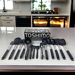 15 Pieces Silicone Kitchen Utensil Set with Holder | Non Slip Stainless Steel Cooking Tool |Spatulas, Spoon, Ladle, Pasta Server, Turner, Tongs, Whisk & More | Heat Resistant 446°F | BPA Free (Black)