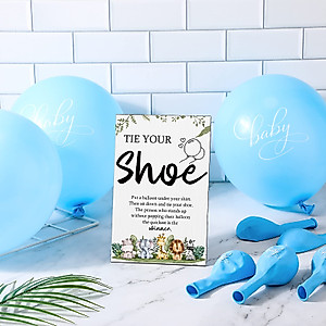 Roowest 51 Pcs Tie Your Shoe Baby Shower Game Woodland Safari Baby Shower Sign 50 Baby Latex Balloons Gender Reveal Party Favors Jungle Baby Shower Games for Boys Girls(Blue)
