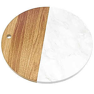 The Happy Hippo 12" Round Cutting Board Wood and Marble, Decorative Charcuterie Board Cheese Server, Perfect Christmas or House Warming Gift