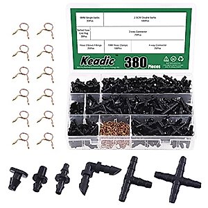 Keadic 380Pcs Barbed Connectors Irrigation Fittings Kit Contains Elbows, End Plug, Tees, 4-Way Coupling, Straight Barbs, Single Barbs Irrigation Barbed Connectors for 1/4" Tubing Sprinkler Drip Systems