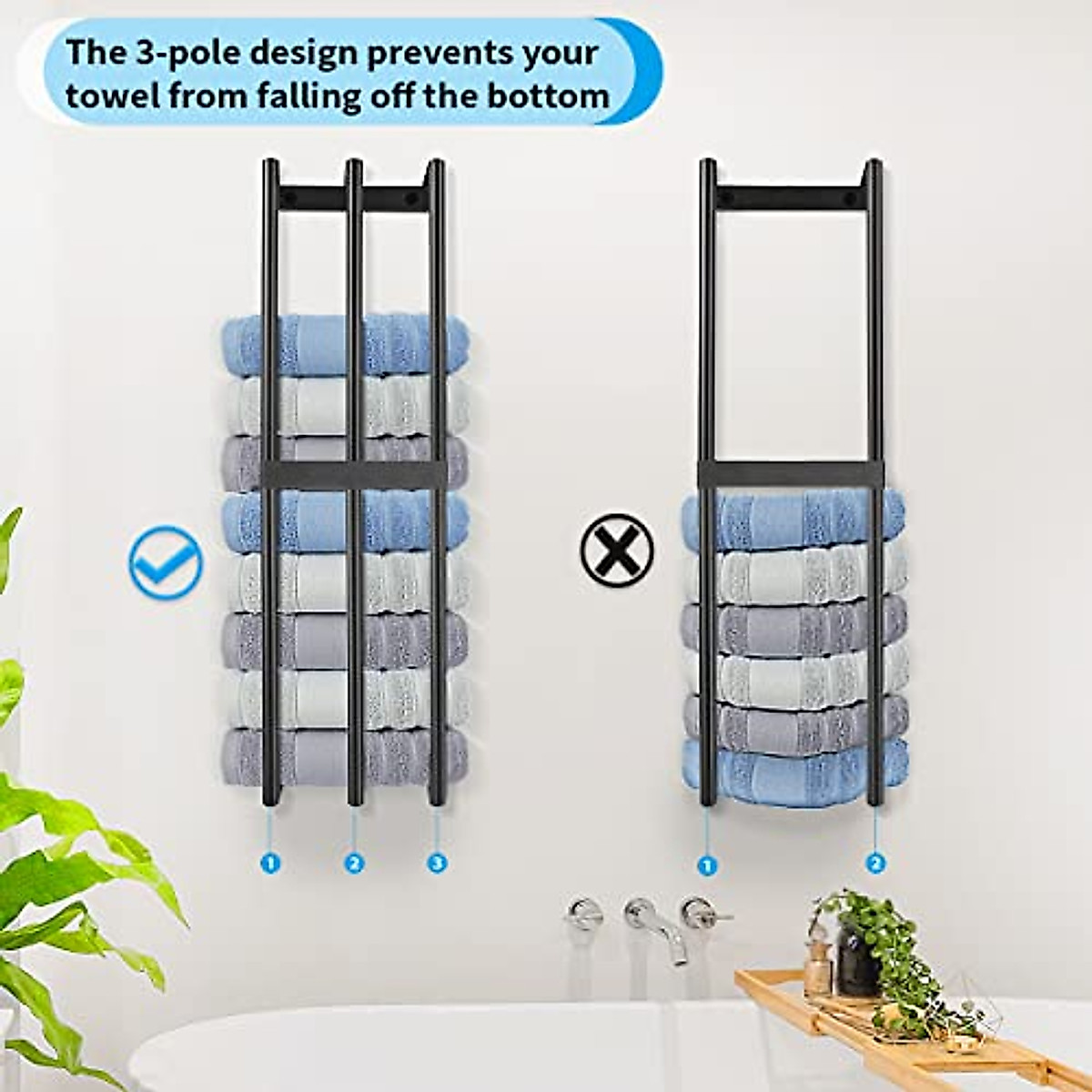 Wall Mounted Towel Rack Bathroom Towel Storage Metal Towel Holder for Storing Towels, Bath Towels, Bathrobes (Black)