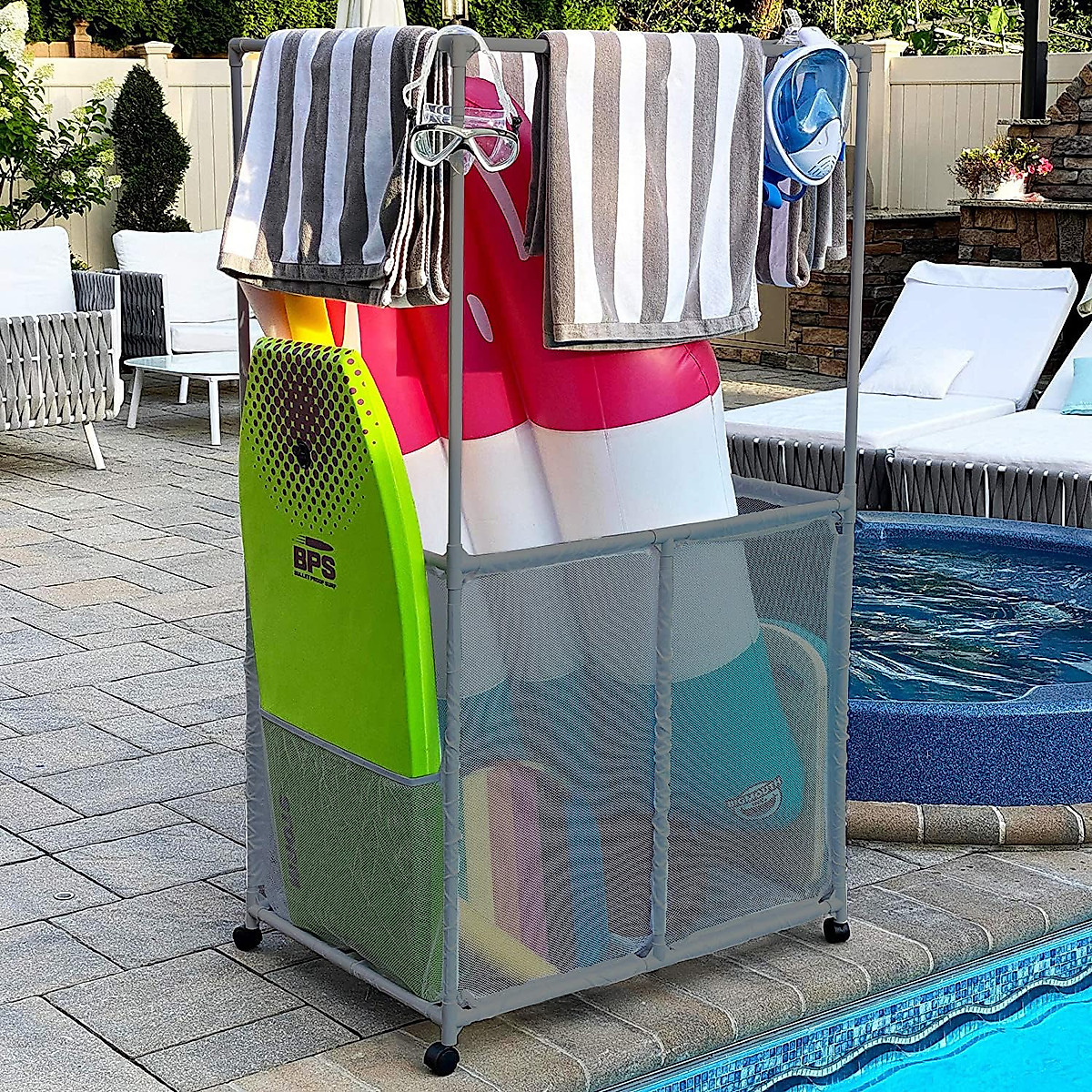 Pool Bins Pool Equipment Holder with Towel Drying Bars, Mesh Rolling Multi Use Storage Organizer Bin, Large Towel Hanger (25" L x 34.5" W x 62.6" H), Gray