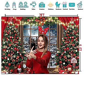 CYLYH 7x5ft Christmas Backdrop Xmas Window Photography Backdrop Winter Dream Wonderland Snow Tree Red Curtain Christmas Festival Party Banner Backdrop