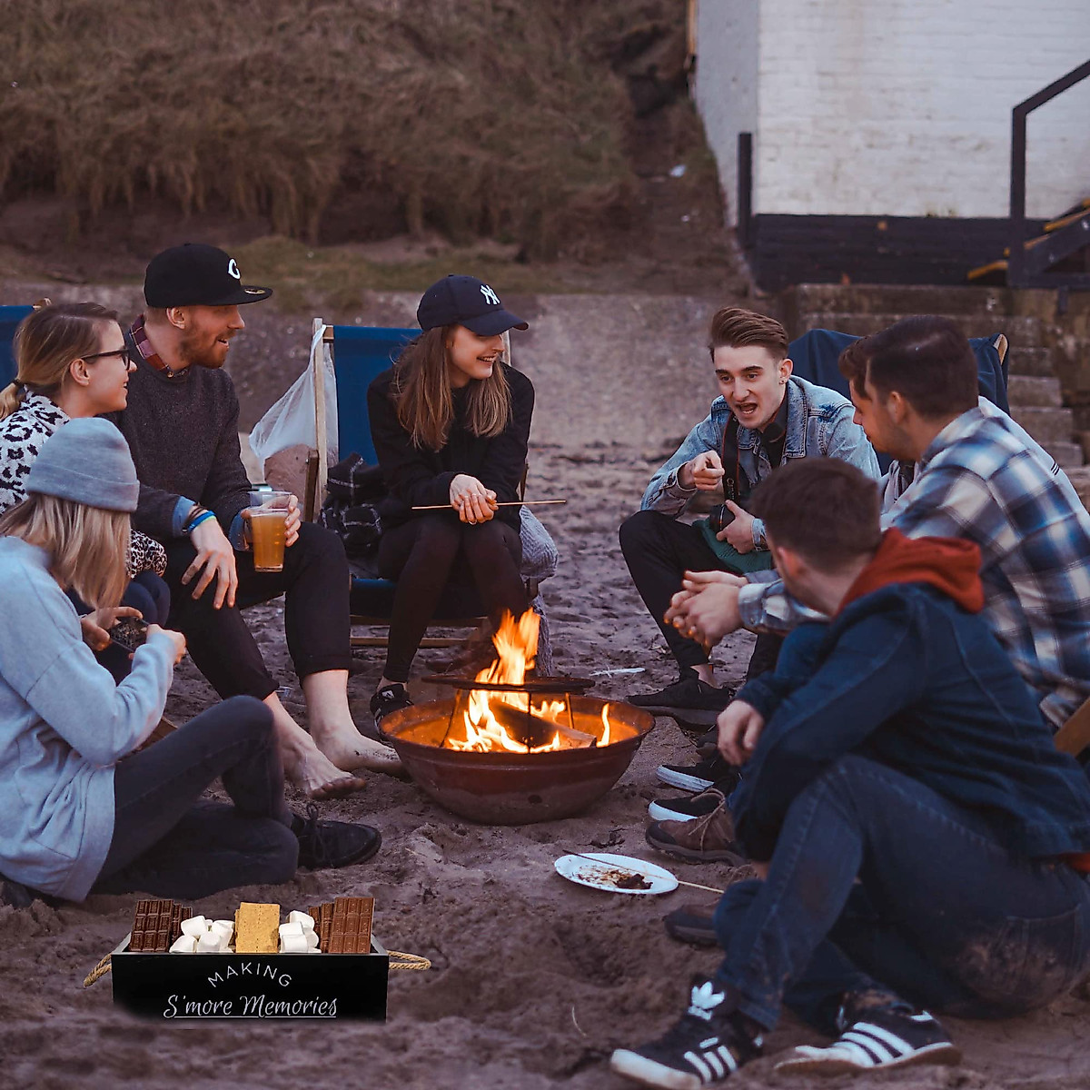 S’mores Station Wooden Box S’mores Bar Carrier with Durable Handles Smores Caddy with Marshmallow Sticks, Farmhouse Decor, Rustic Smores Kit - Great for Parties, Entertaining, Camping (Black)
