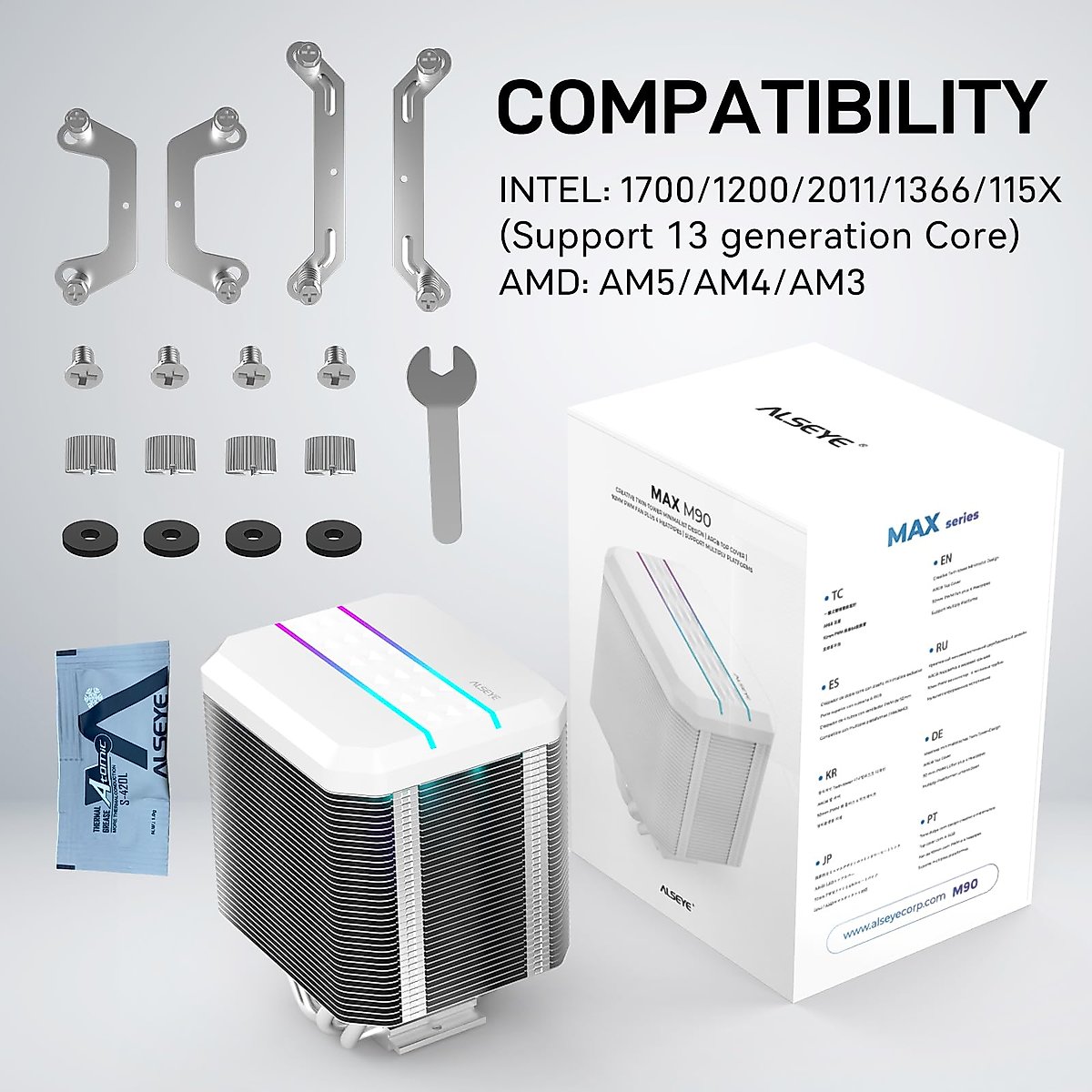 ALSEYE M90 CPU Cooler, Hidden Fan Designed Dual Tower Air-Cooled CPU Cooler with ARGB Light Effect Cover Compatible with Both Intel and AMD Platform, LGA1700 Supported (M90 White)