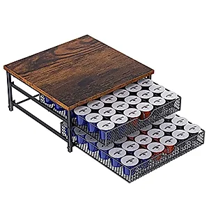 2-Tier Coffee Pod Drawer Holder Organiser, Wooden Finish for 72 Capacity K Pod, Coffee Machine Stand Container Storage Sliding Mesh Baskets Compatible for Home Office Kitchen Cafe Counter, Black