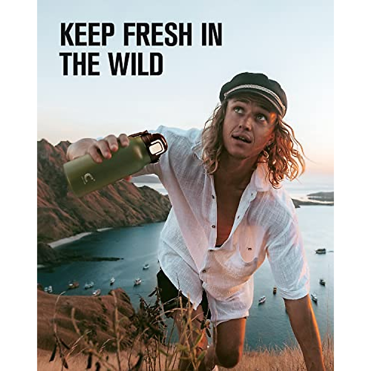 40 oz Water Bottle insulated, Cooplus Stainless Steel Water Flask with 2 Covered Auto Straw Lids, Metal Leakproof Bottle with Handle, Keep Cold 48h Hot 24h for Outdoor or Sports,Green