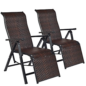 Tangkula 2 Pcs Folding Reclining Rattan Chair, Portable Chaise Lounge Chair w/Adjustable Positions, Outdoor Lounge Chair with Wide Armrest, Sturdy Steel Frame for Garden, Patio, Beach (2)