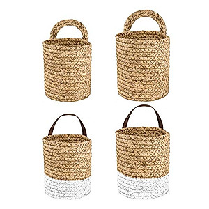 Goosacyon 2 Pack Seagrass Woven Hanging Basket Woven Wall Basket with Handle Rope Storage Basket Wicker Baskets for Plants Flower Clothes Home Decor