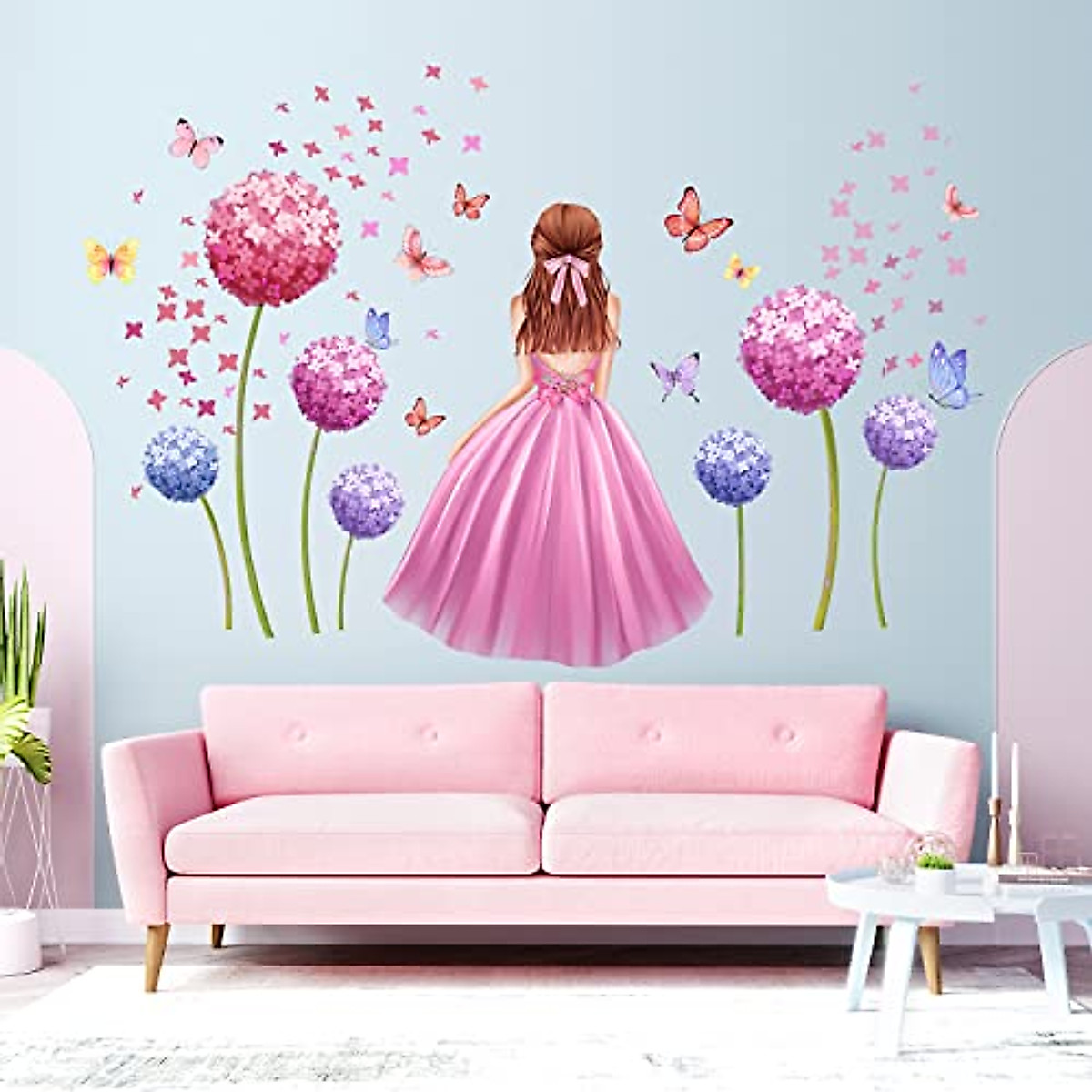 Pink Flower Wall Sticker Butterfly Fairy Girl Wall Decals DIY Purple Princess Wall Stickers Removable Dandelion Floral Wall Decals Waterproof Wall Mural for Kids Nursery Bedroom