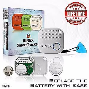 Bluetooth Key Finder – Key Locator Device with App, Siri Compatibility, & Extra Battery – Anti-Lost Keychain Tracker Device for Phone by Rinex- 2 Pack & Green and White