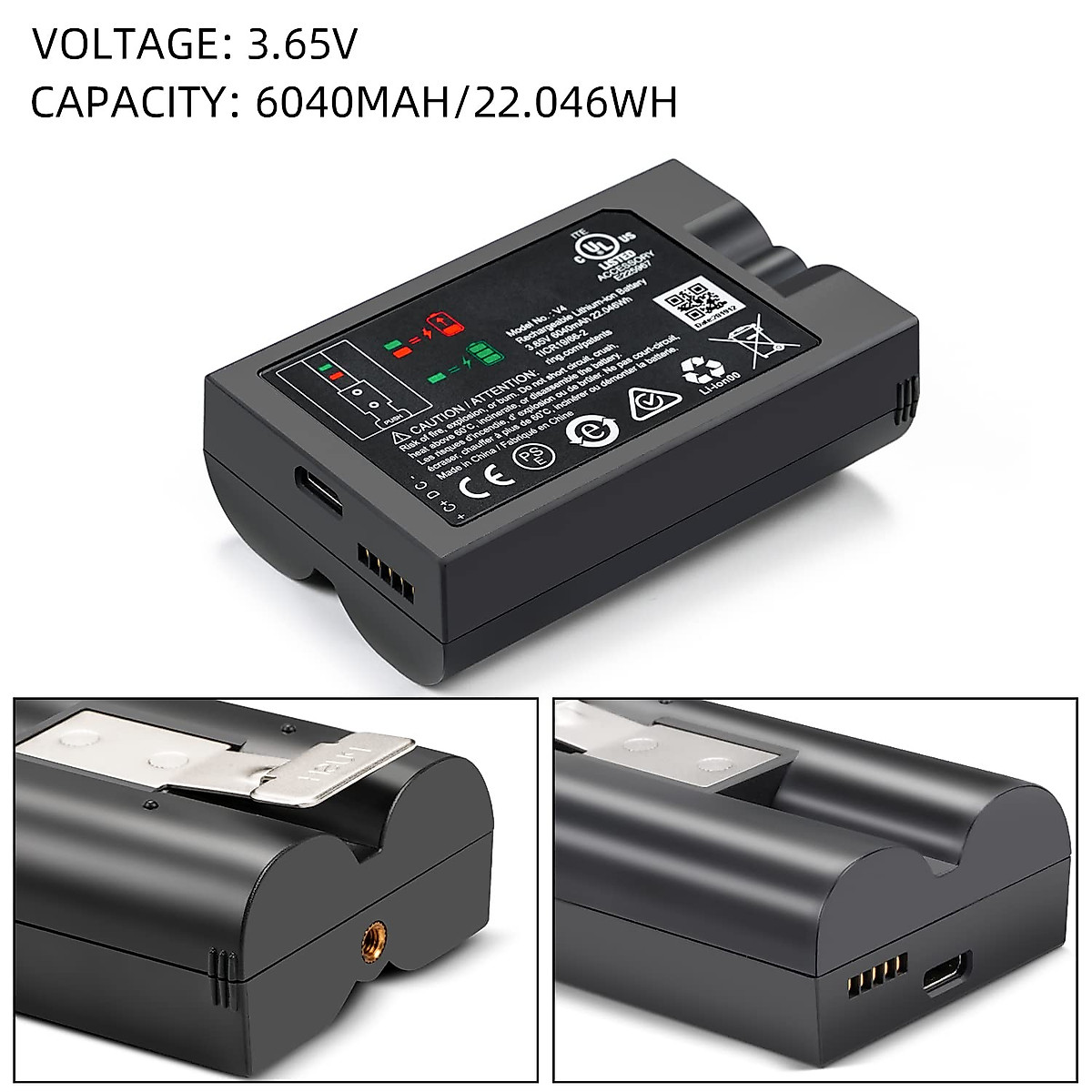 1 Pack for Ring Rechargeable Lithium-Ion V4 Batteries Replacement for Ring-Doorbell-Camera 1/2/3/4, Also for Stick-Up Cam (2nd & 3rd Gen), Peephole and Spotlight Cam, 3.65V 6040mAh 22.046Wh