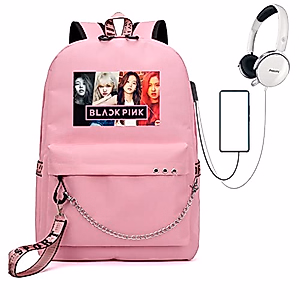 CUSALBOY Kpop Backpack Lisa Rose JISOO Jennie Color Photo Computer Backpack FashionTravel Business Work Backpack Whit USB Port (Pink)