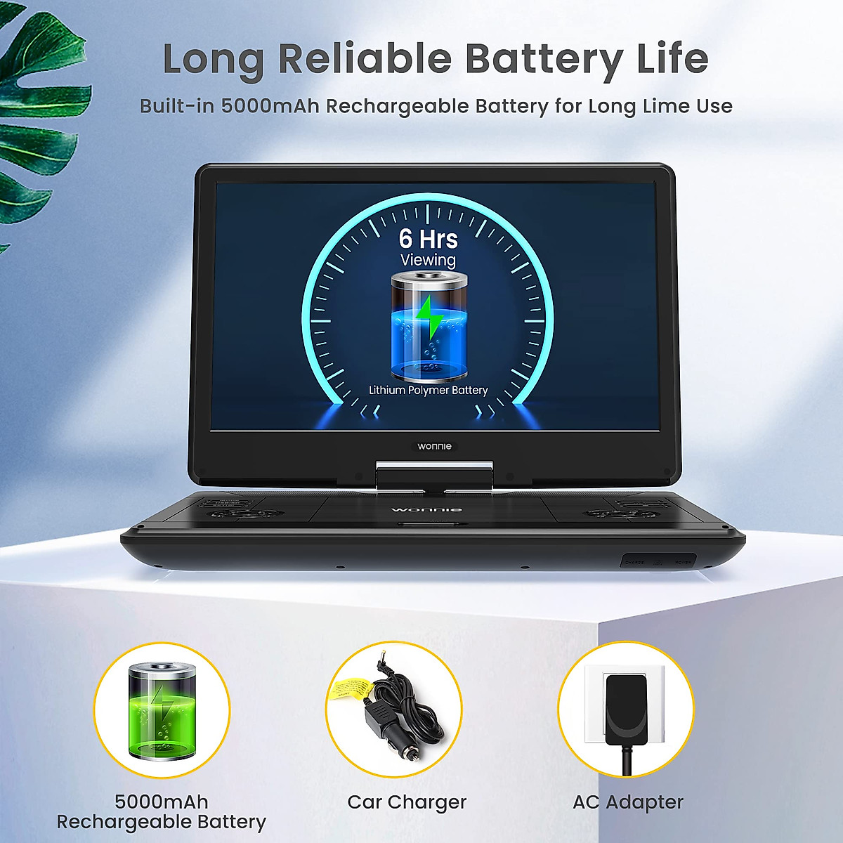 WONNIE 16.5" Portable DVD Player with 14.1" Large HD Swivel Screen, 6 Hours Rechargeable Battery, High Clear Volume Speaker, Support USB/SD Card/Sync TV, Last Memory and Multiple Disc Formats